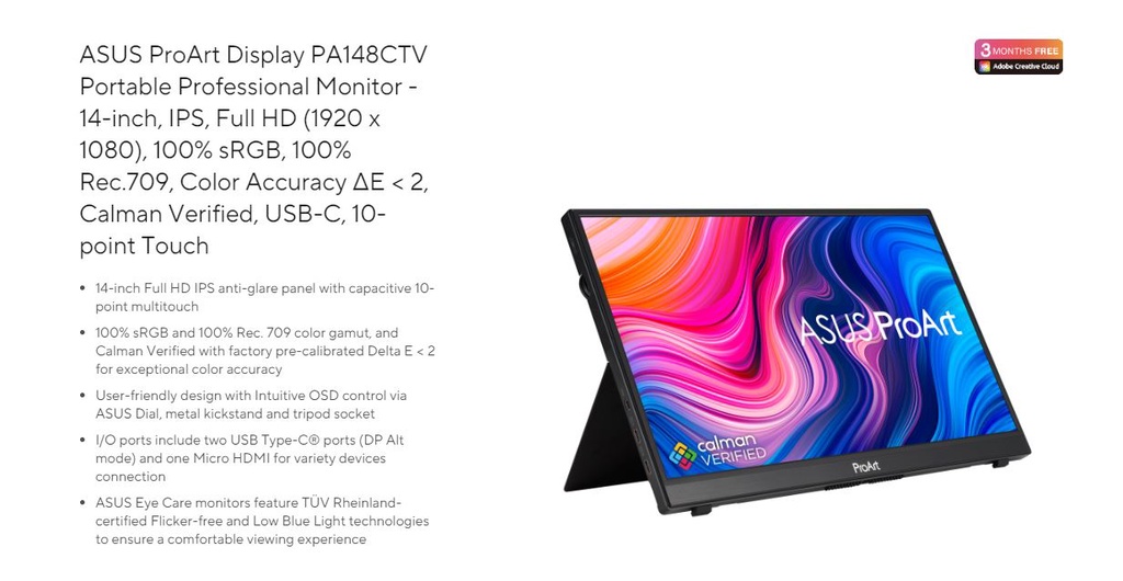 ASUS ProArt Display PA148CTV Portable Professional Monitor - 14-inch ...