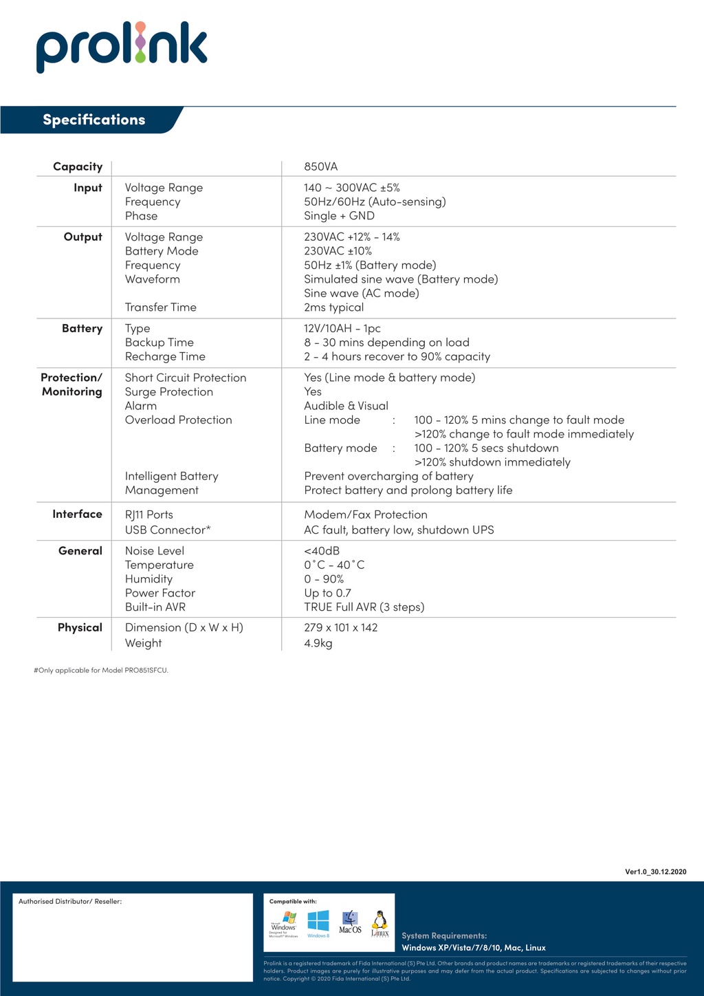 Prolink PRO851SFCU 850VA Super-Fast Charging UPS with AVR + USB port/2x ...