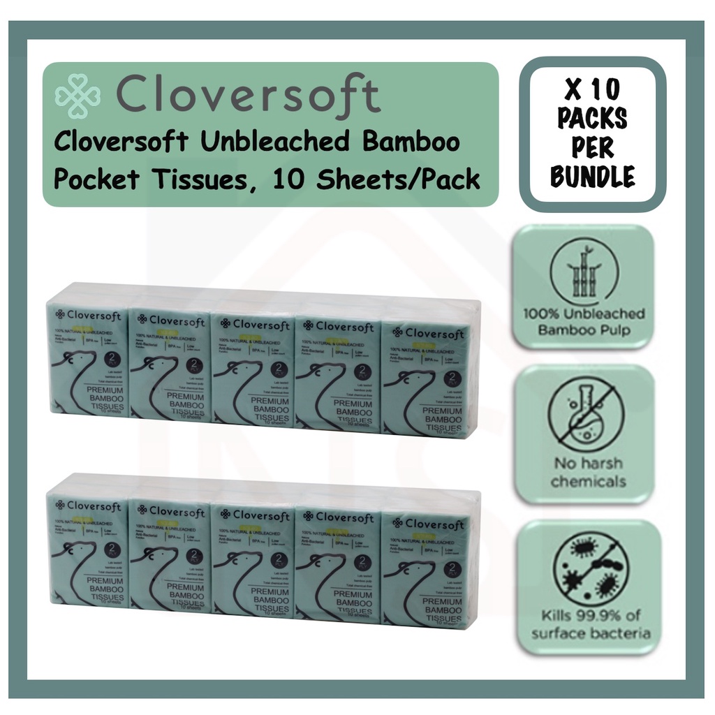 CLOVERSOFT Unbleached Bamboo Pocket Tissues, 2 Ply, 10 sheets per pack ...