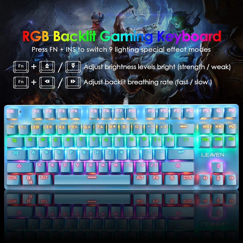 Mechanical Wired Black Gaming Keyboard Blue Switch Mini 87 Keys RGB ...