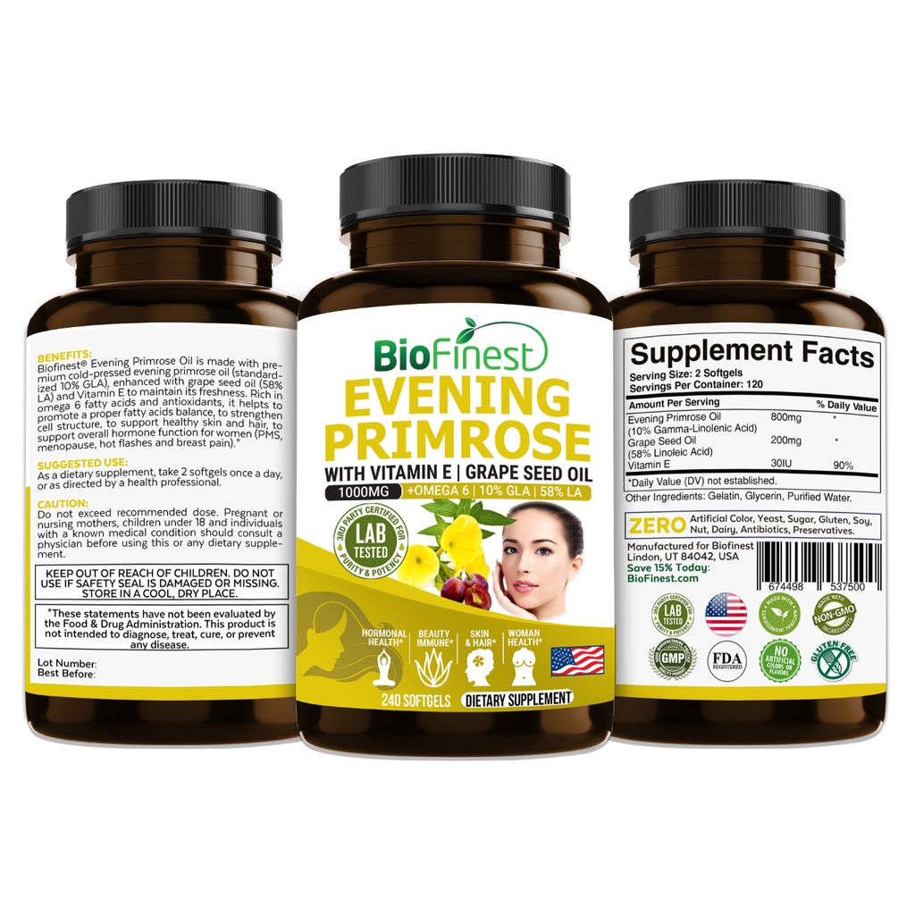 Biofinest Evening Primrose Oil 1000mg Supplement Grape Seed Oil Vitamin ...