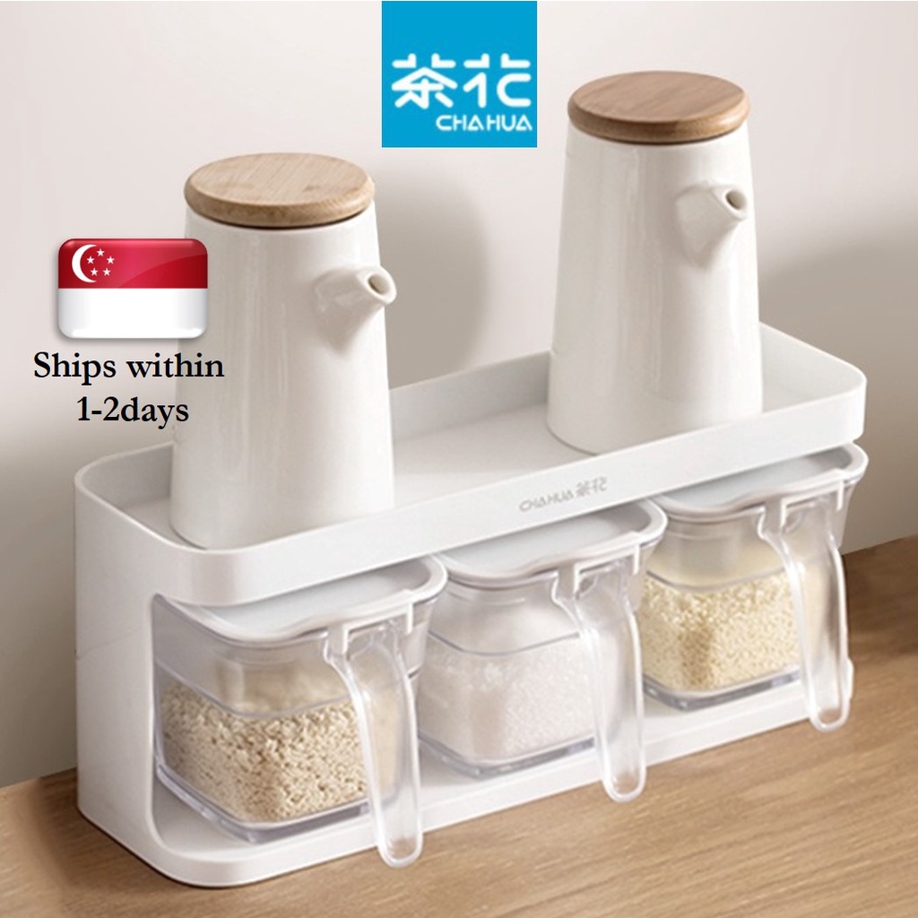 ChaHua 3 in 1 Condiment Set with Holding Rack, Stackable Seasoning Jars ...