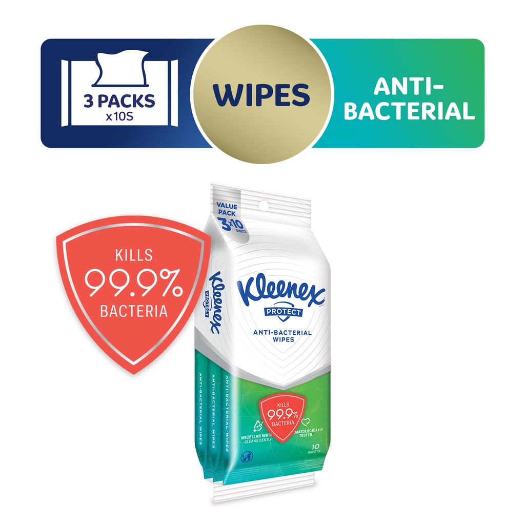 Kleenex Protect Anti-Bacterial Wipes 10sx3 | Shopee Singapore