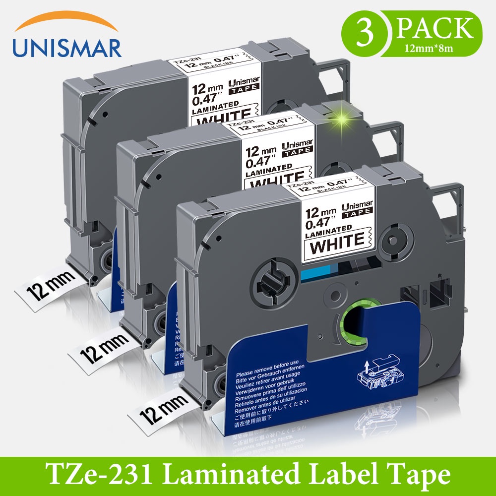3 Pack Black on White TZe-231 for Brother 12mm Laminated Tape tze231 ...
