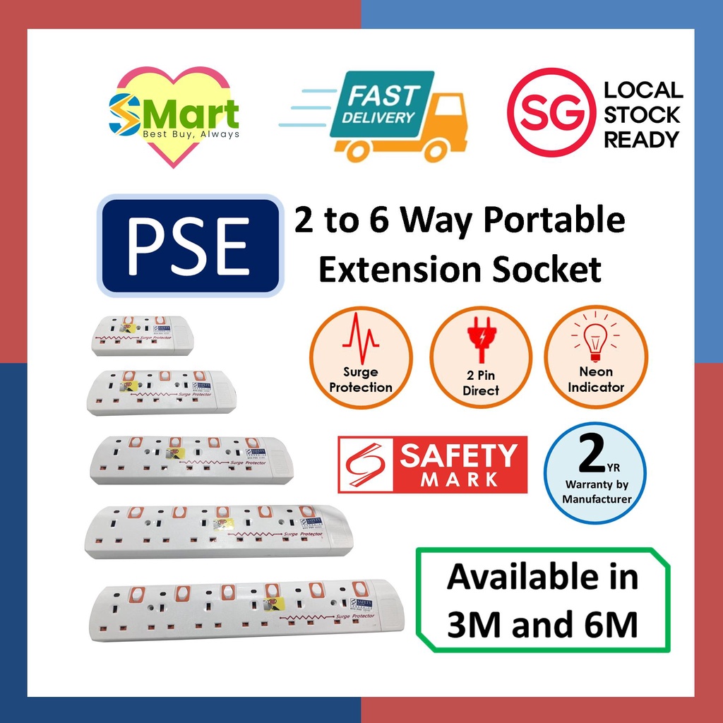 PSE 2 to 6 Way Extension Safety Socket/Cord *2 Pin Friendly with Surge ...