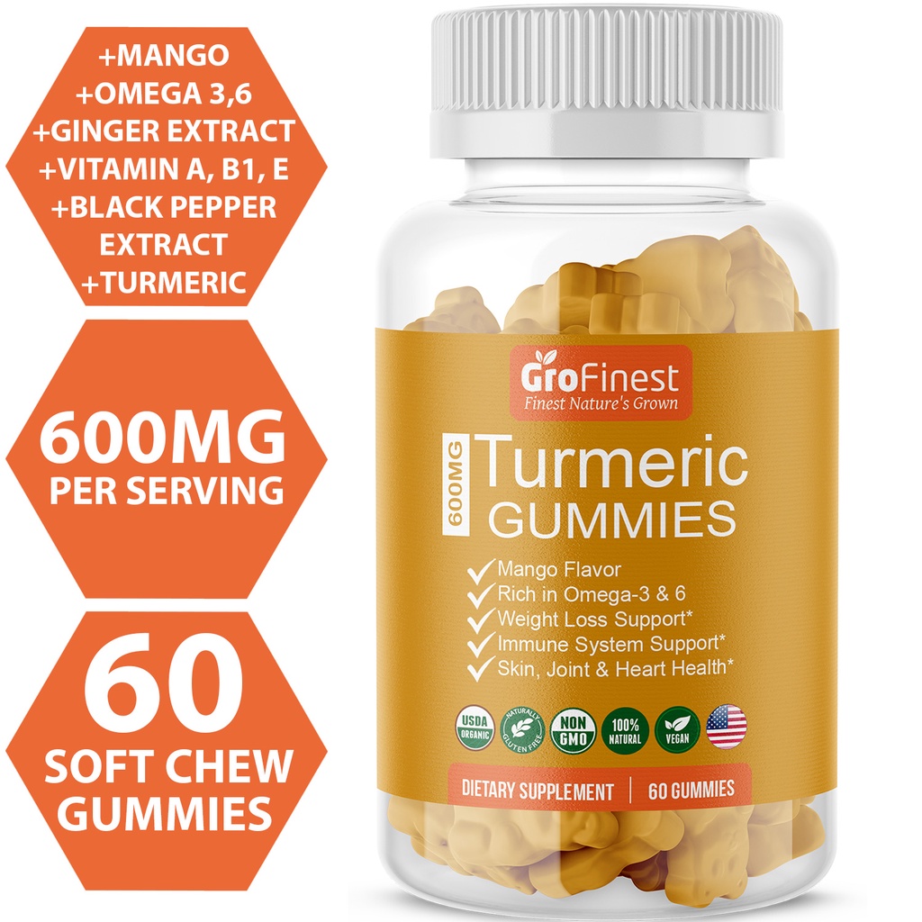 Grofinest Organic Turmeric Curcumin Gummy 600mg - Ginger Vitamin A B E ...