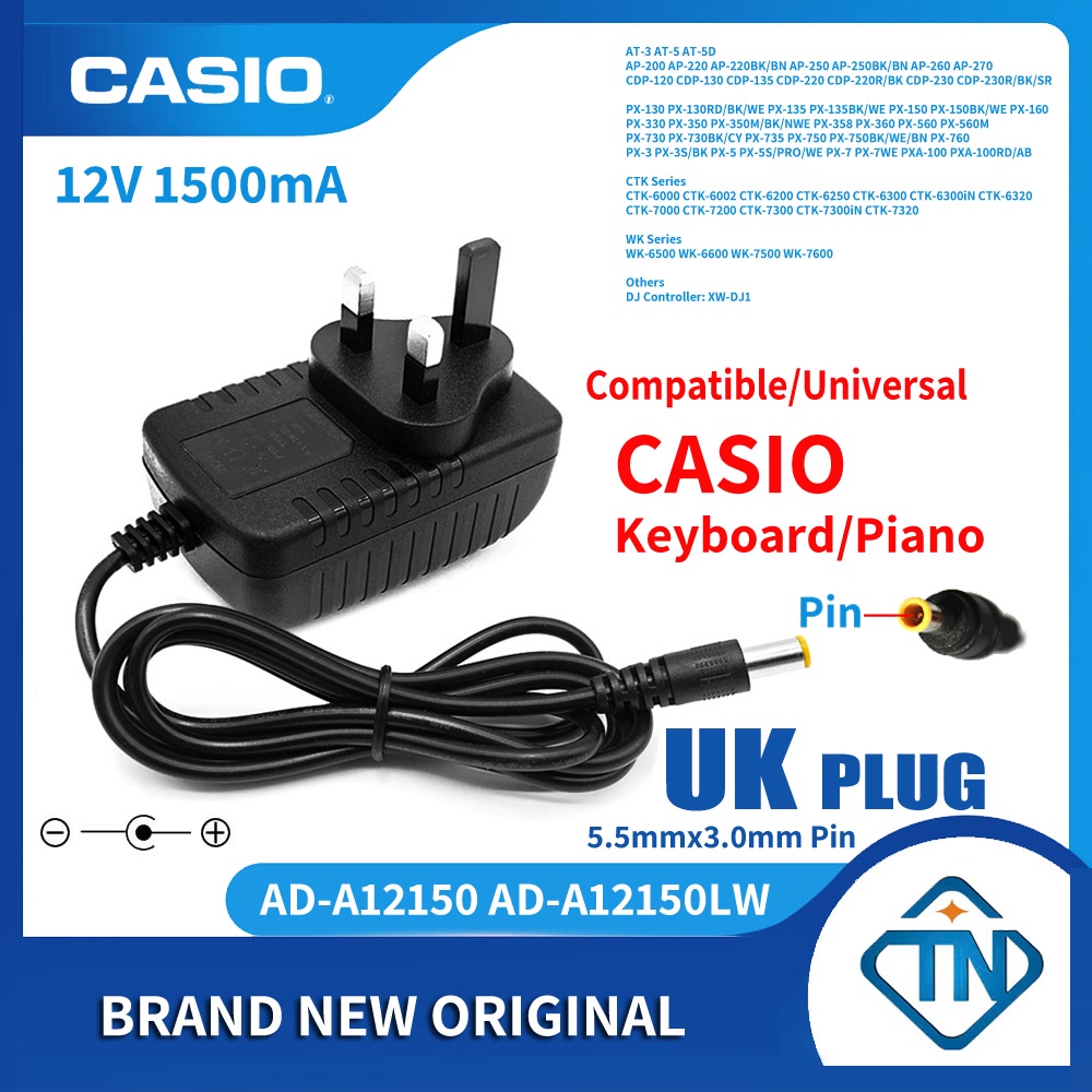 12V 1.5A AC/DC Adapter AD-A12150LW for Casio PX-130 RD/BK/WE PX-135 BK ...