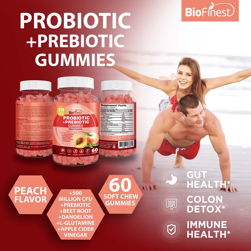 Biofinest Probiotic Prebiotic Gummy Supplement - 500m CFUs Apple Cider ...