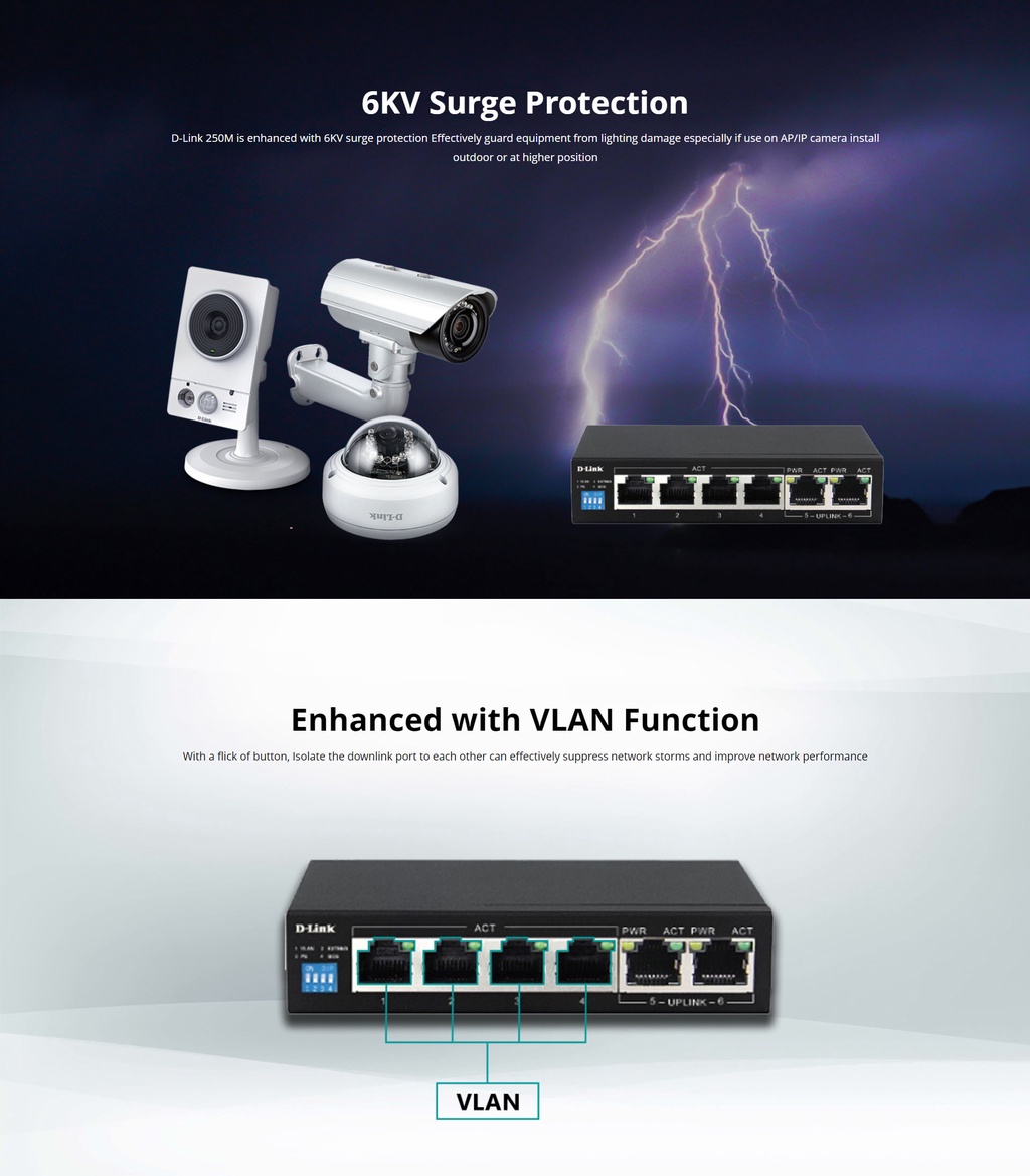 D-LINK DES-F1006P-E 250M 6Port network Switch with 4 POE Ports and 2 ...