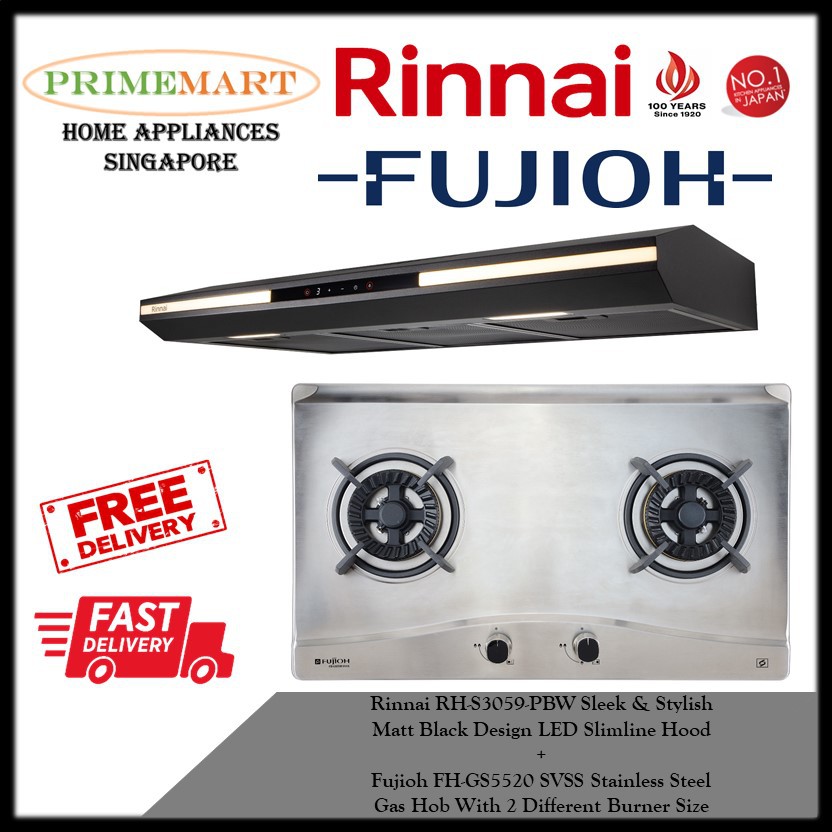 Rinnai RH-S3059-PBW Slimline Hood + Fujioh FH-GS5520 SVSS Stainless Steel Gas Hob BUNDLE DEAL ...