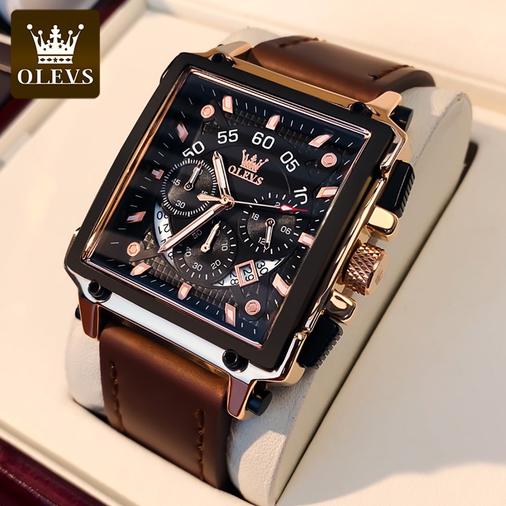 OLEVS Square Watch for Men Waterproof Original Sports Leather Luxury ...