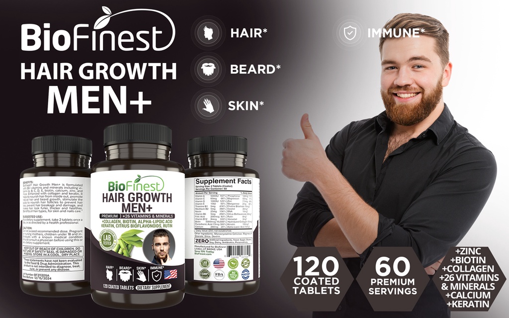 Biofinest Hair Growth Men Supplement - 26 Vitamins A B C D E Calcium ...