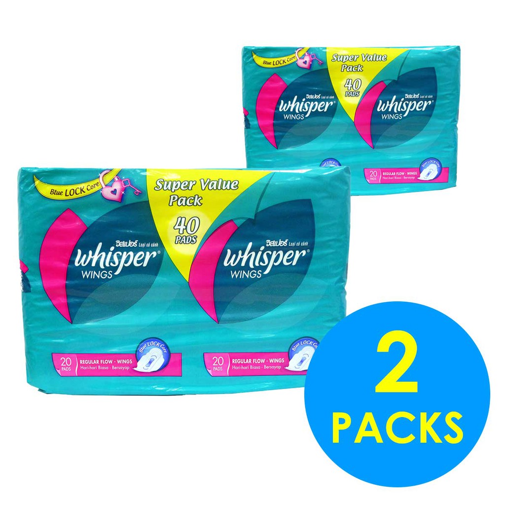 Whisper Regular Flow Wings Sanitary Pad (2x20s) (2 Packs) | Shopee ...
