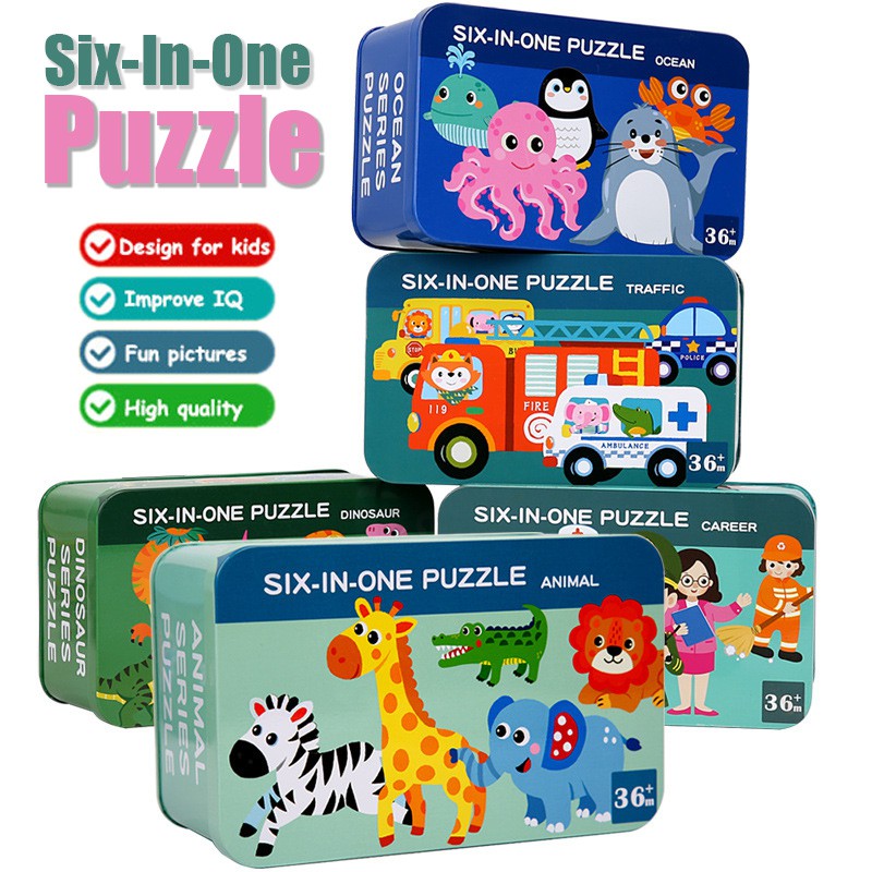 6-in-a-box Cute Cartoon Wooden Jigsaw Puzzle Tin Box Kids Educational ...