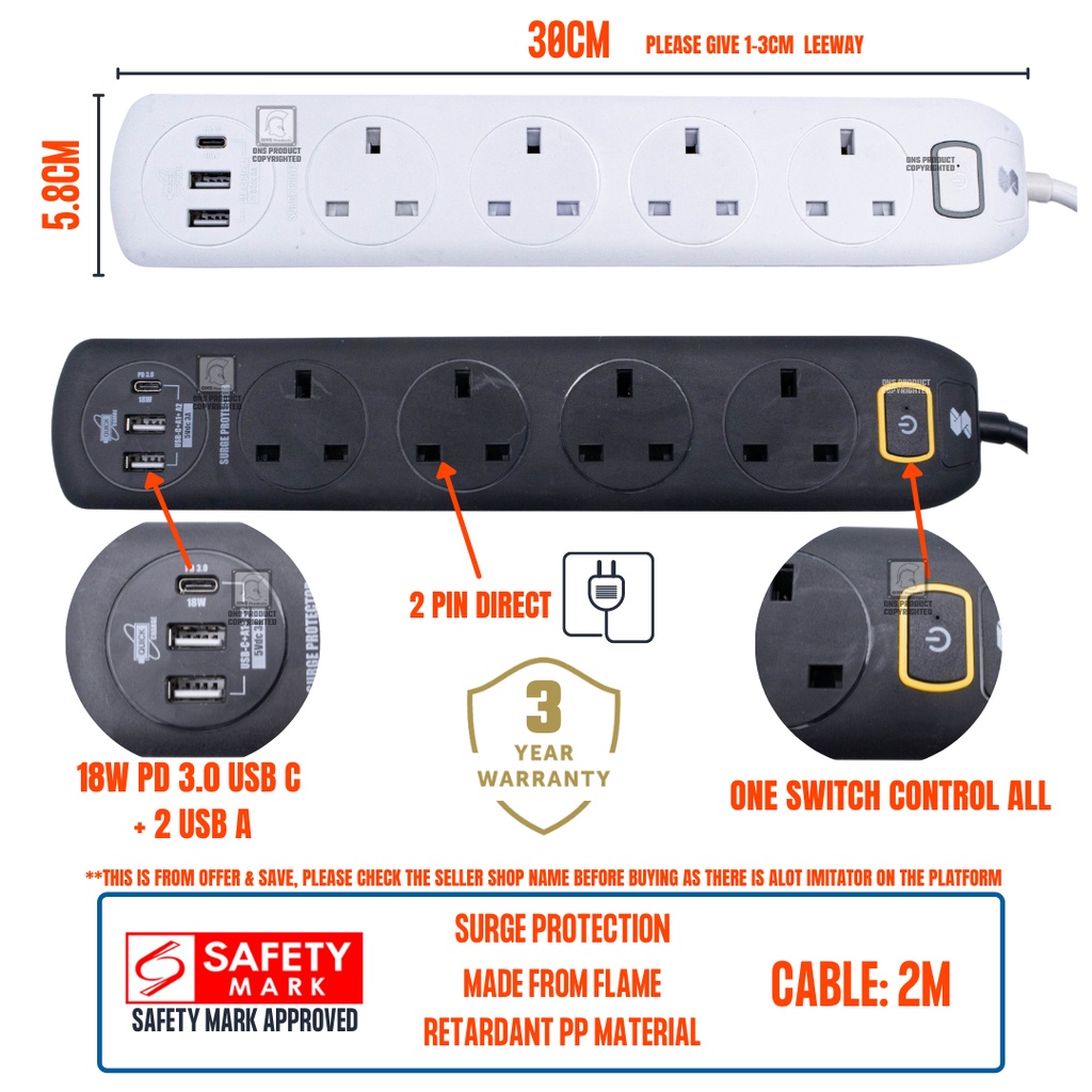 SoundTeoh Extension Plug With 18W USB C+A With 4 Power Socket With ...
