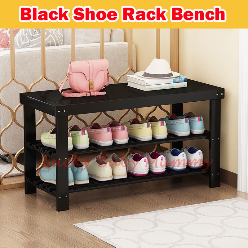Black Bamboo Shoe Rack Bench/Seat Wearing Taking off Shoes Strong ...