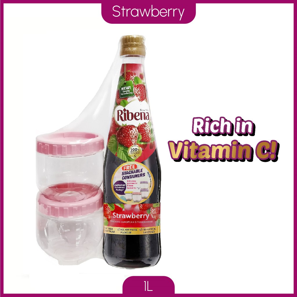Ribena Blackcurrant Cordial 100% Strawberry 1L + Stackable Container ...