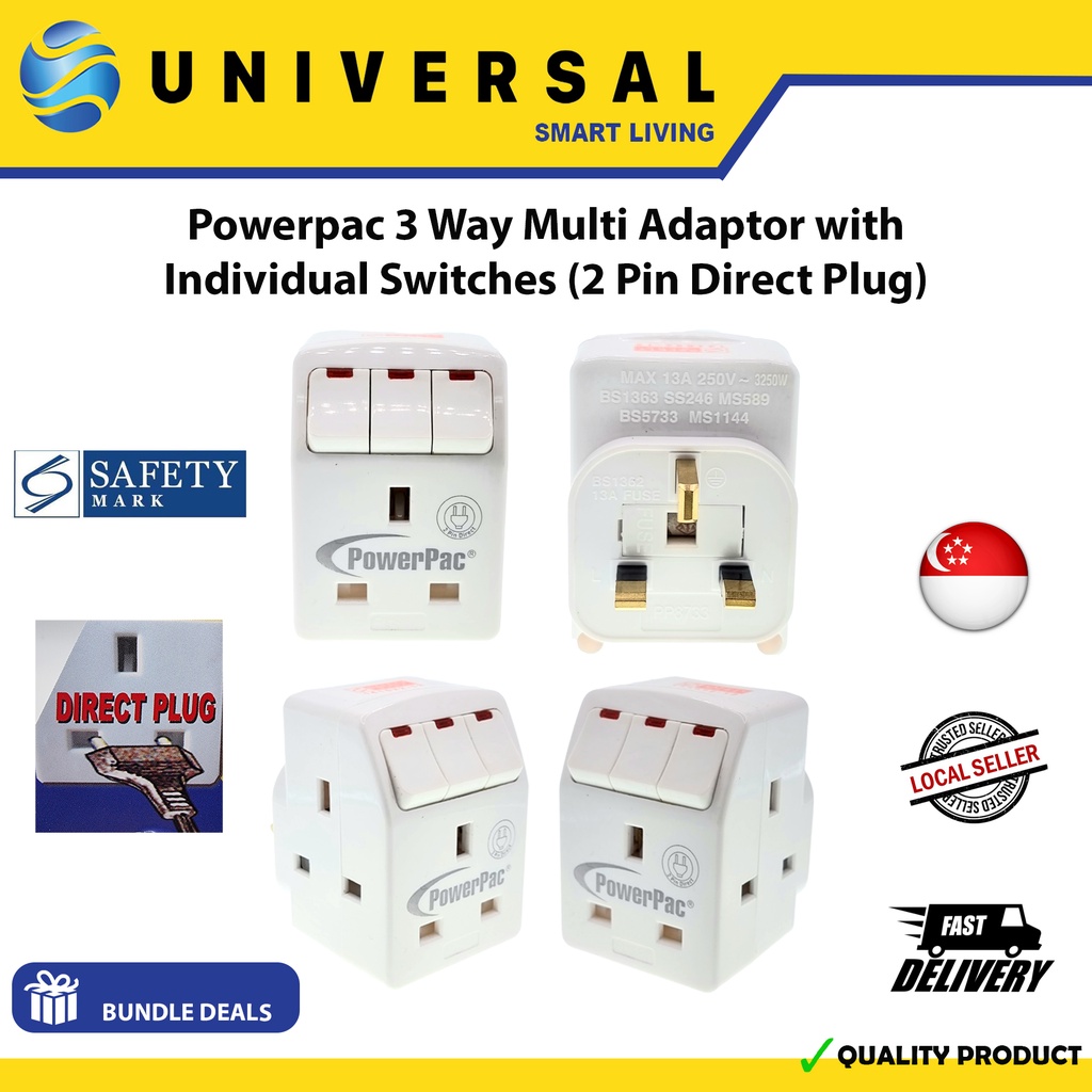 [SG SHOP SELLER] Powerpac 3 Way Multi Adaptor With 2 Pin Direct Plug ...