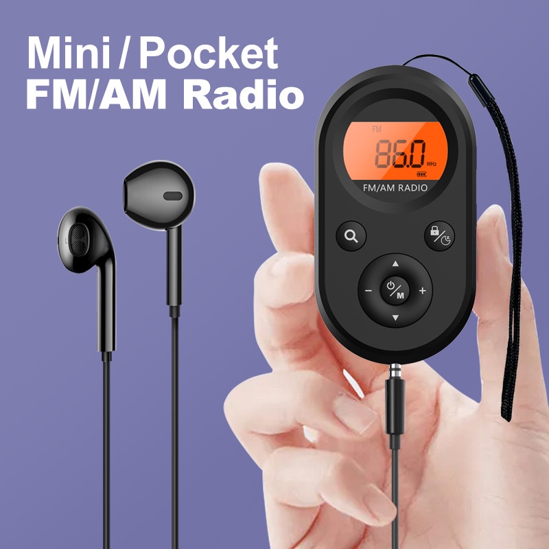 Mini FM/AM Radio Portable Pocket 9K/10K Radio Receiver with LCD Display Backlight Lanyard Design ...