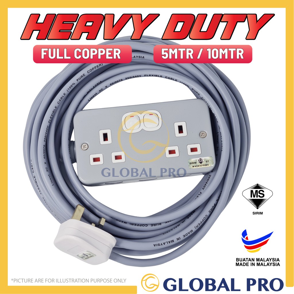 [5M /10M] 2WAY x 13amp Metal Clad Heavy Duty Portable Socket Extension Trailing Socket Metal ...