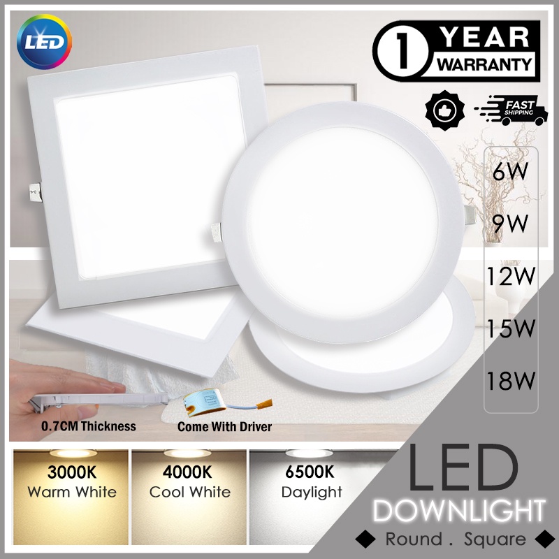 Slim Square Round LED Downlight Panel Light 6W 9W 12W 15W 18W (1 Year Local Warranty) | Shopee ...