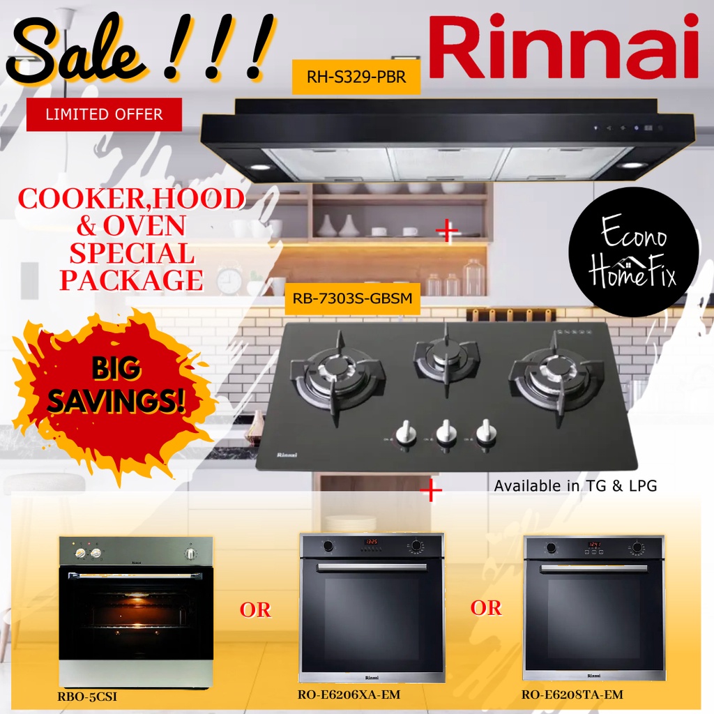 [RINNAI] BUNDLE PROMO! 3 BURNER COOKER HOB +HOOD + OVEN RH-S329-PBR +RB-7303S-GBSM (RBO-5CSI,RO ...