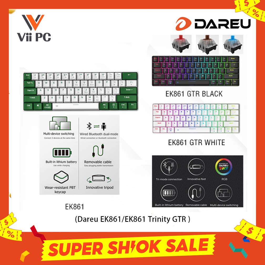 Dareu EK861/EK861 GTR Tri-Model 61-Key 60% Mechanical Keyboard PBT ...