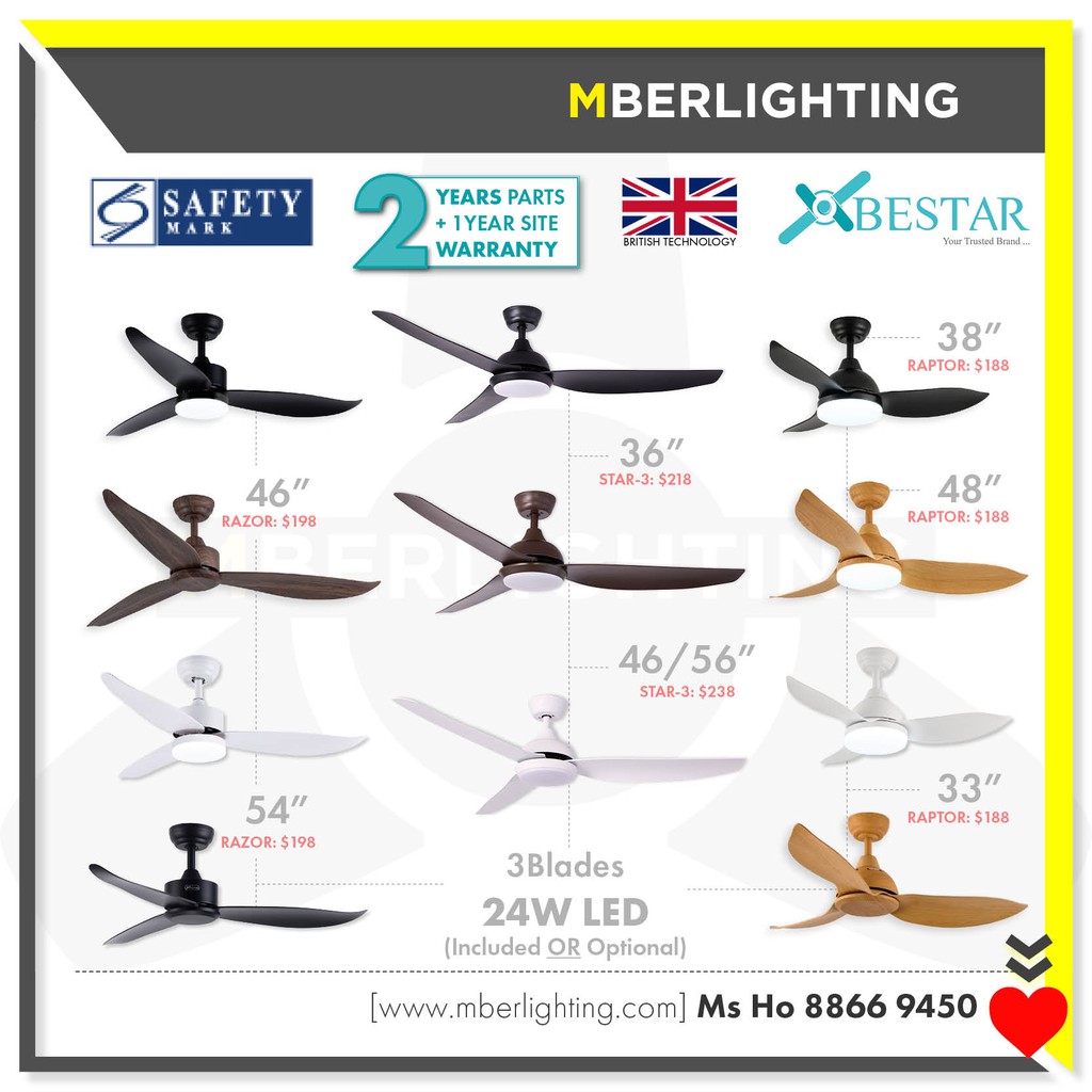 BESTAR 3Blades DC Ceiling Fan: RAZOR 46/54”, RAPTOR 33/38/48", STAR3-36 ...