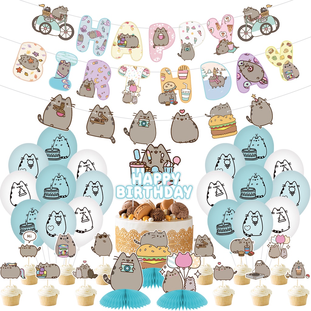 CHEEREVEAL Pusheen Theme Birthday Party Decoration Lake Blue White ...