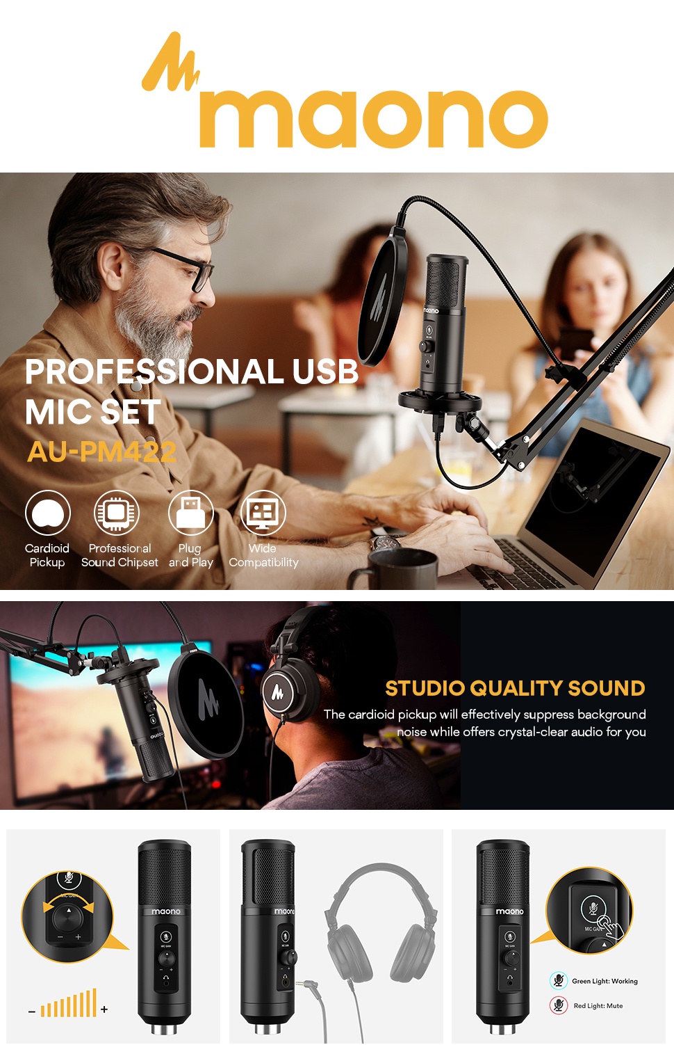 MAONO AU-PM422 USB Microphone 192KHZ/24BIT Professional Cardioid ...
