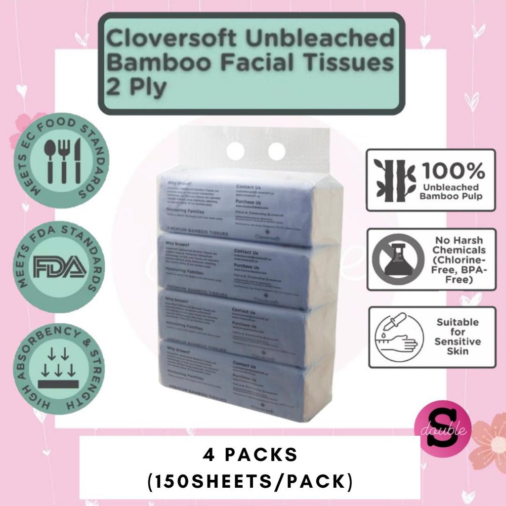 Cloversoft 2ply Unbleached Bamboo Tissues 150 sheets, Pack of 4 ...
