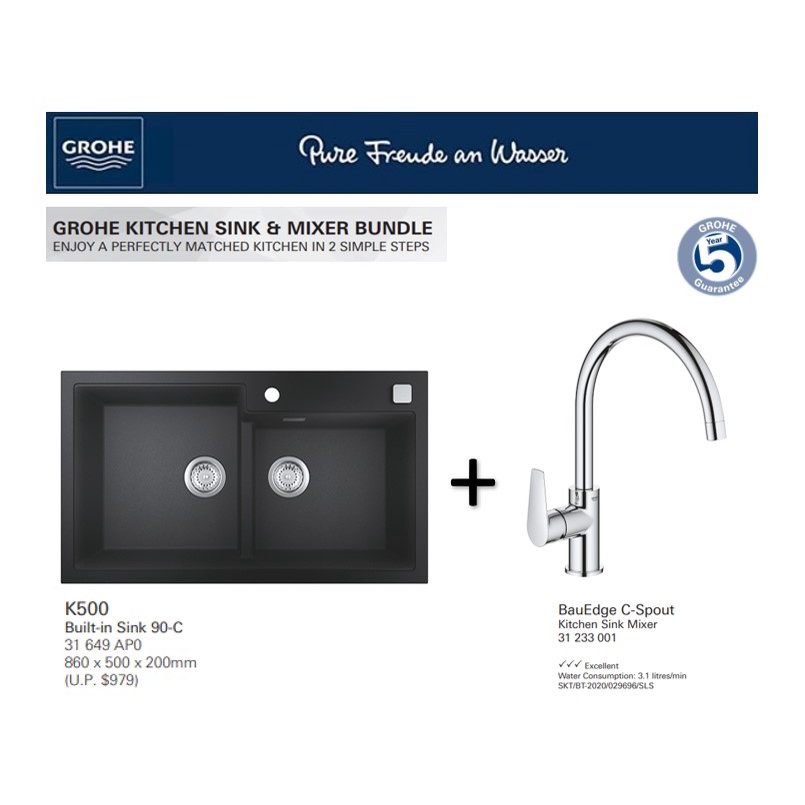 GROHE K500 Top-Mount Double Bowl Granite Sink Bundles With Sink Mixer ...
