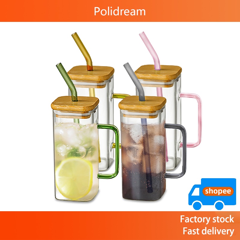 Glass Cups With Lids and Straws,13.5 oz Drinking Glasses Bamboo Lids ...