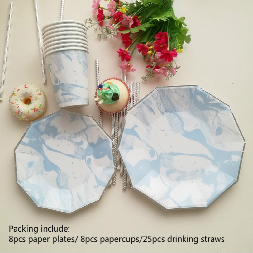 8/25pcs Blue Marble Pattern Paper Disposable Tableware Dinner Plate Cup ...