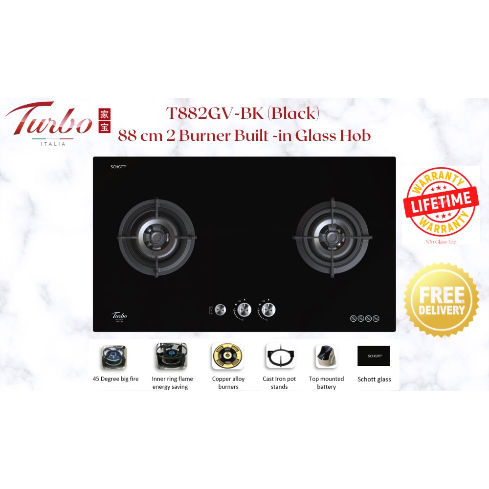Turbo Italia - Turbo Incanto T882GV-BK 88cm 2 burners built-in glass hob | Shopee Singapore