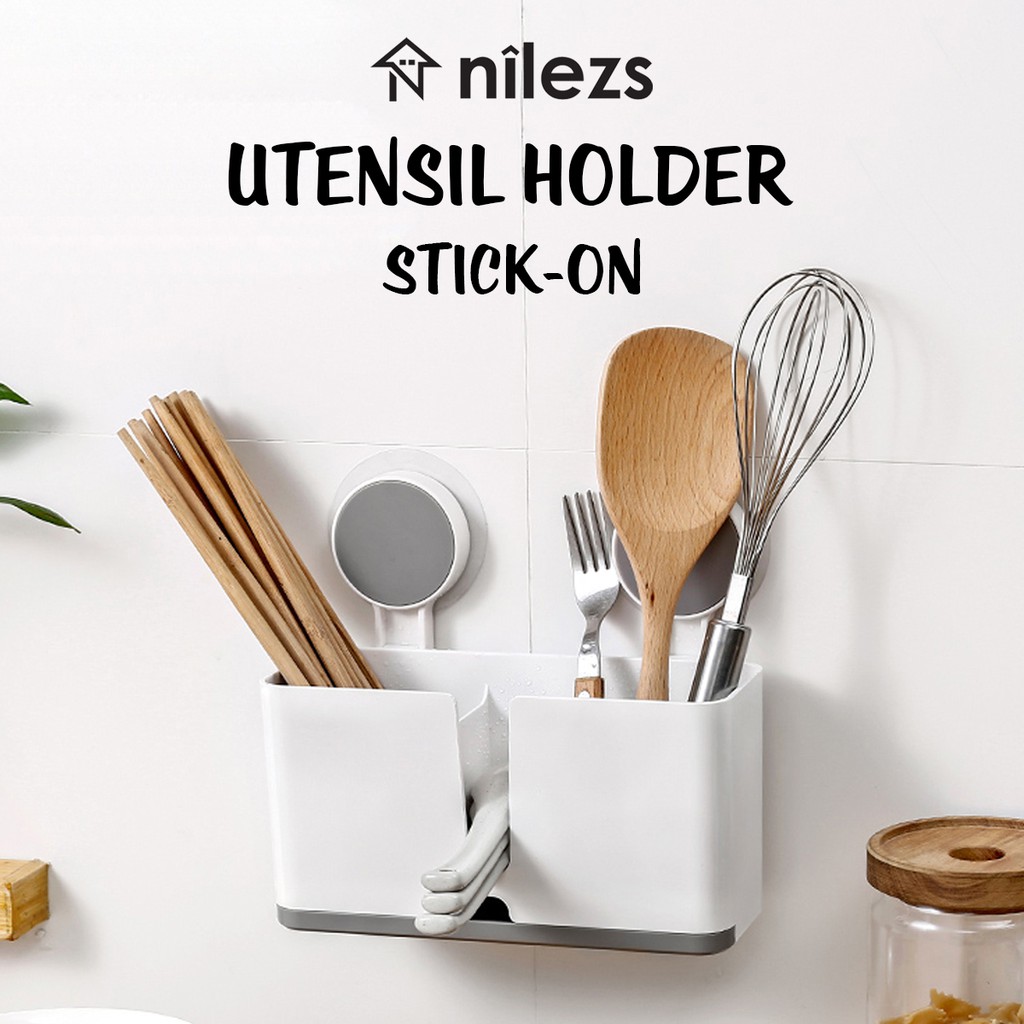 Multifunctional Utensil Holder Stick-On Plastic Storage with Drainer ...