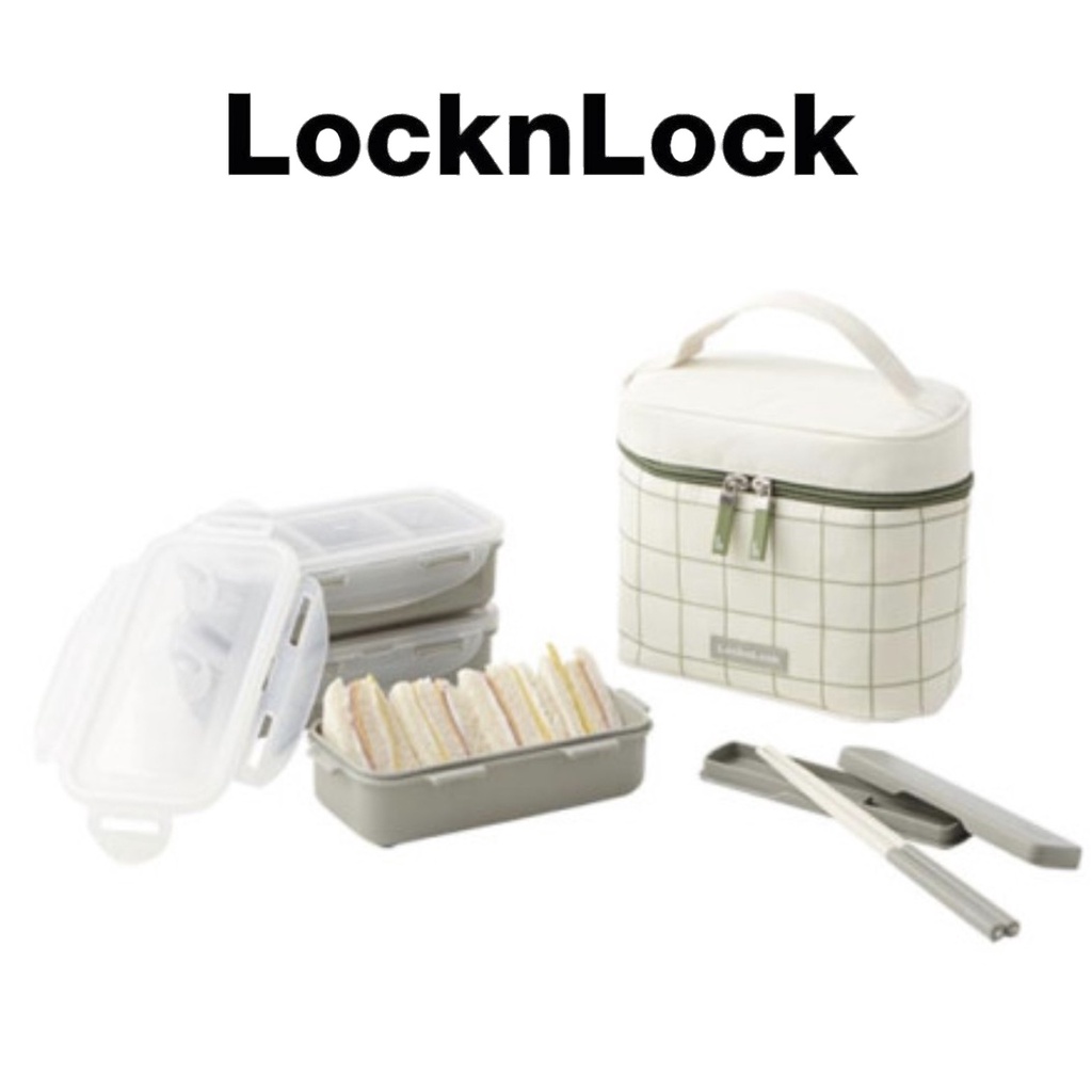 [LocknLock] 3-Layer Lunch Box Set with Chopsticks Green Check Pattern ...