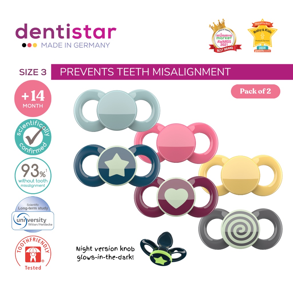 NEW! Dentistar Tooth-friendly Day & Night Pacifier Size 3 Set (14 ...