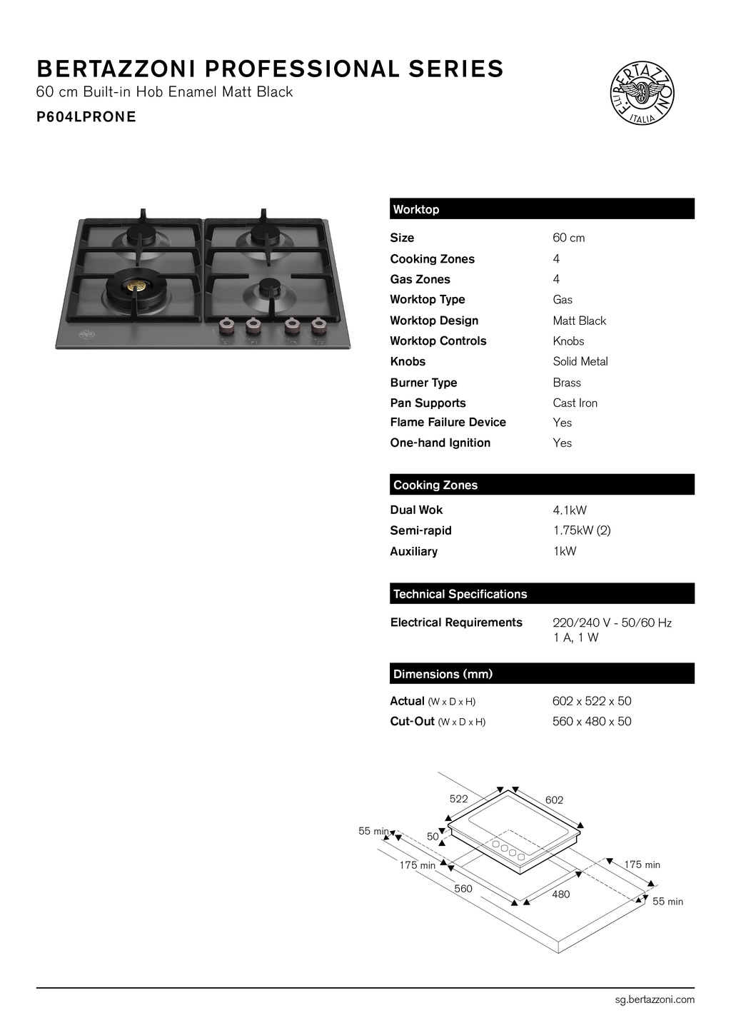 Bertazzoni 60cm Gas + Hood Bundle (P604LPRO 60cm Gas Hob + K60TELXA ...