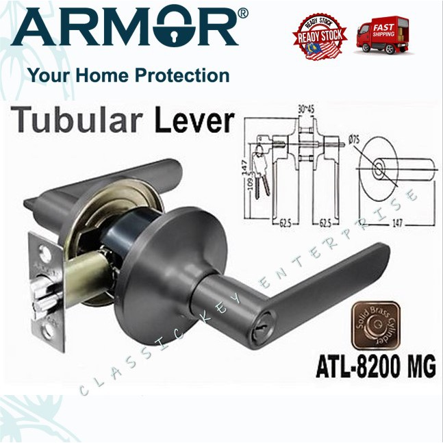 ARMOR TUBULAR LEVER LOCK ATL-8200 Matt Grey Door lock set - Lock Pintu ...