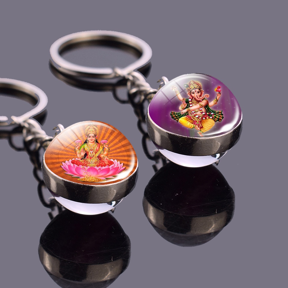Hinduism God Keychains Glass Ball Pendant Ganesha Lakshmi Gold Key ...
