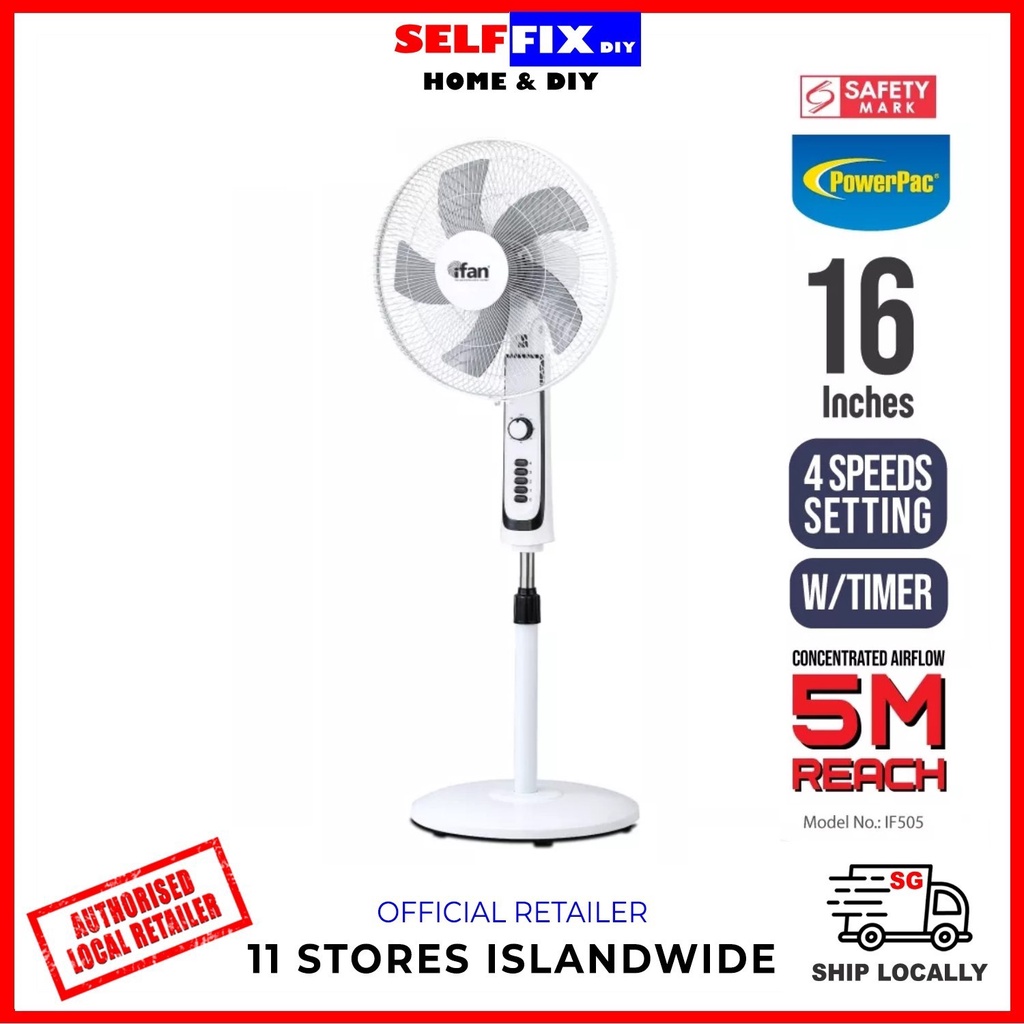 iFan IF505 16 Inch Stand Fan with Air Circulator - 4 Speed w/ Timer ...