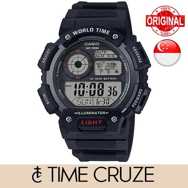 [Time Cruze] Casio Sports World Time Illuminator Black Resin Digital Men Watch AE1400WH-1A AE ...