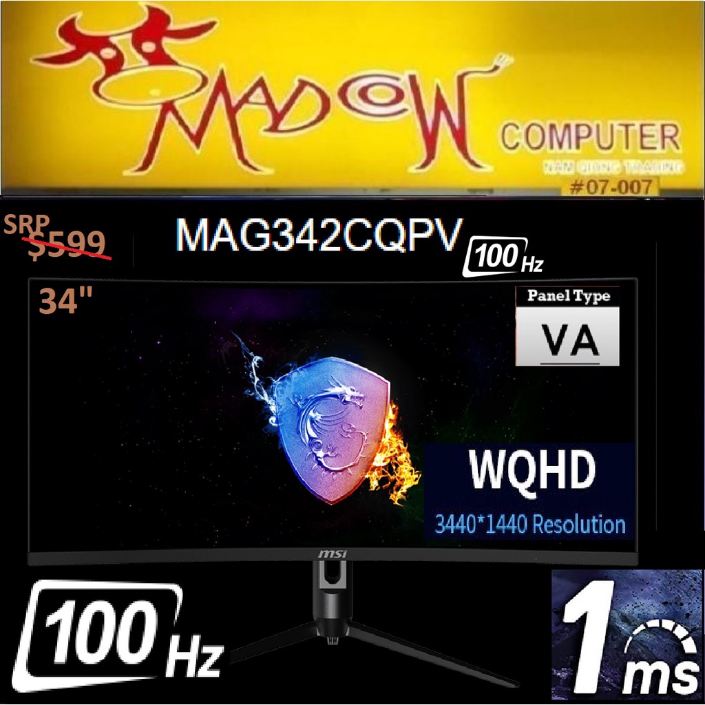 MSI Optix MAG342CQPV Curved Gaming Monitor - 34 100hz UWQHD / VA Panel ...