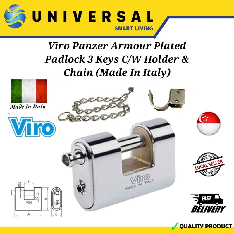 [SG SHOP SELLER] Viro Panzer Armour Plated Padlock 3 Keys C/W Chain ...