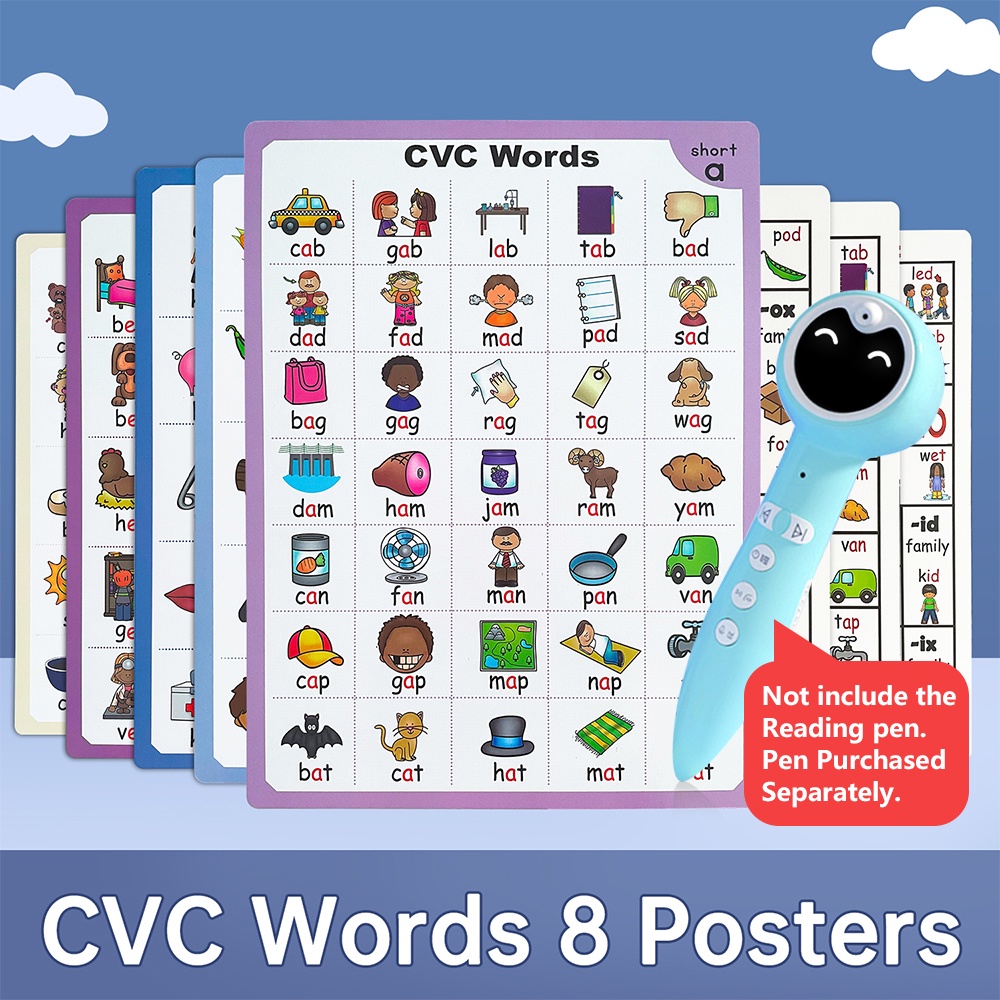 8Pcs CVC Phonics Words Poster Language Arts Skills Charts for Kids ...