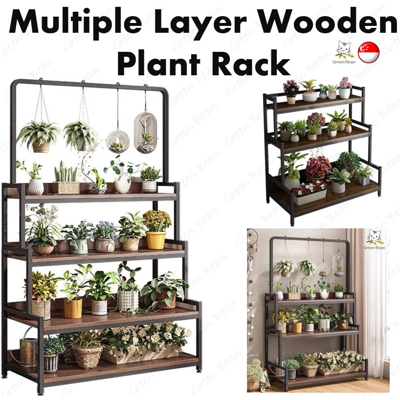 [SG STOCK] 3 Tier Plant Rack Plant Stand Metal Frame Wooden Plant Rack ...