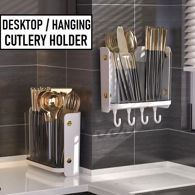 Hanging Cutlery Holder Organizer Stand with Hook and Drainer Desktop ...