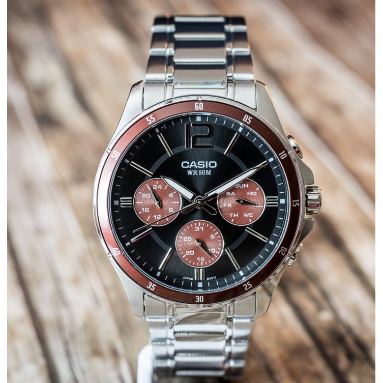 [Original] Casio MTP-1374D-5A Enticer Stainless Steel Black Maroon ...