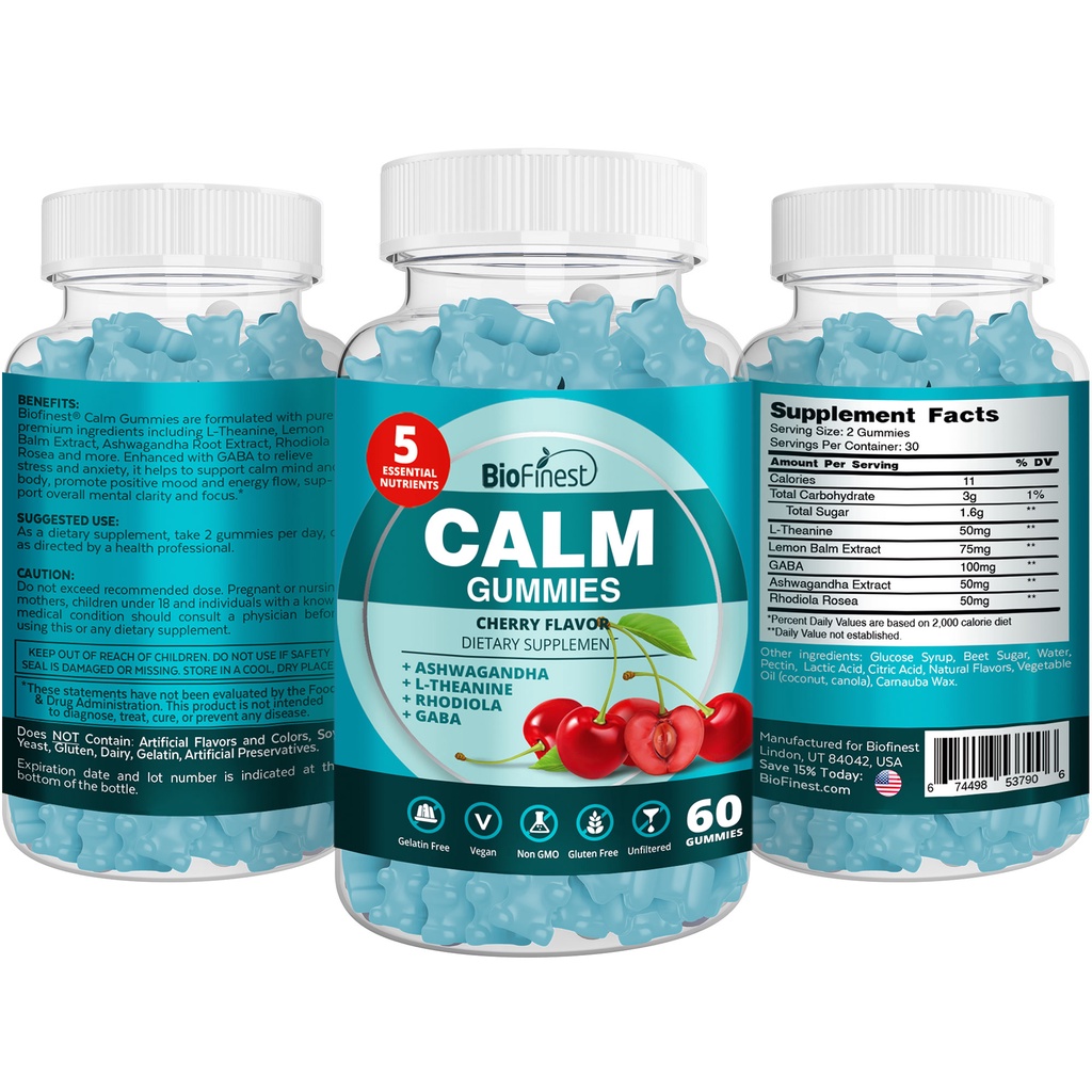 Biofinest Calm Gummy Supplement - L-Theanine Ashwagandha Relax Stress ...